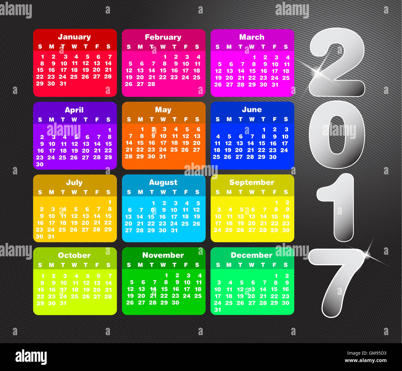 Colorful calendar for 2017. Week starts on sunday Stock Photo - Alamy