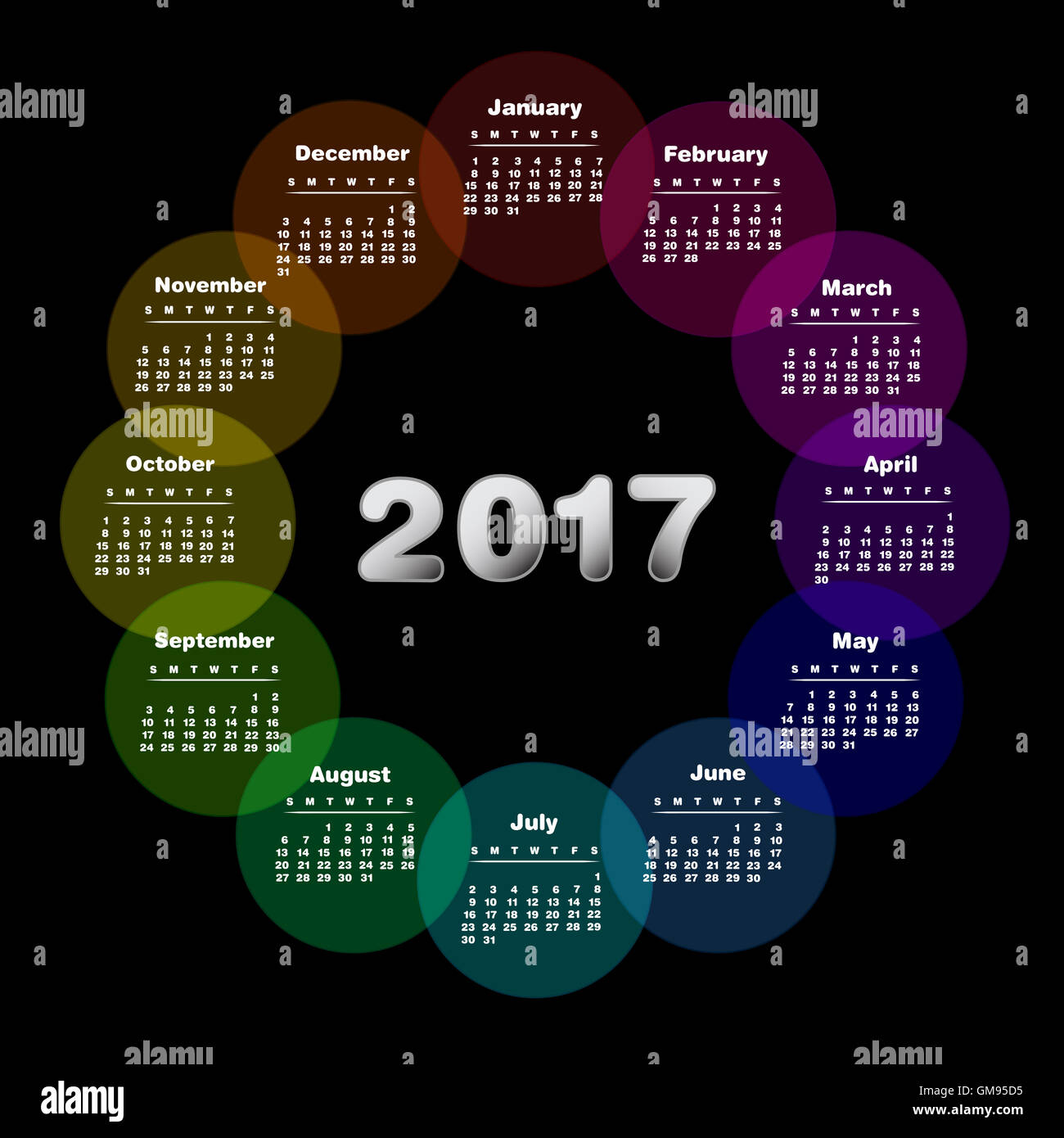Colorful calendar for 2017. Week starts on sunday Stock Photo - Alamy