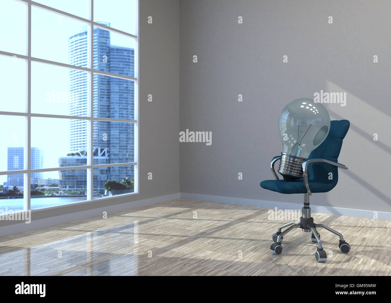 3D Illustration, swivel chair with bulb in an empty room Stock Photo ...