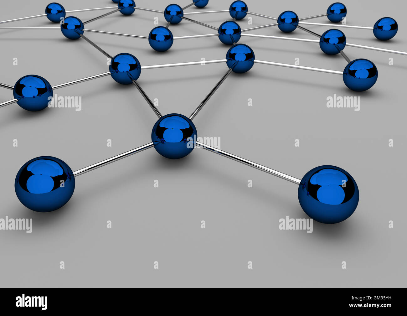 3d illustration, network, blue connected spheres on gray background ...