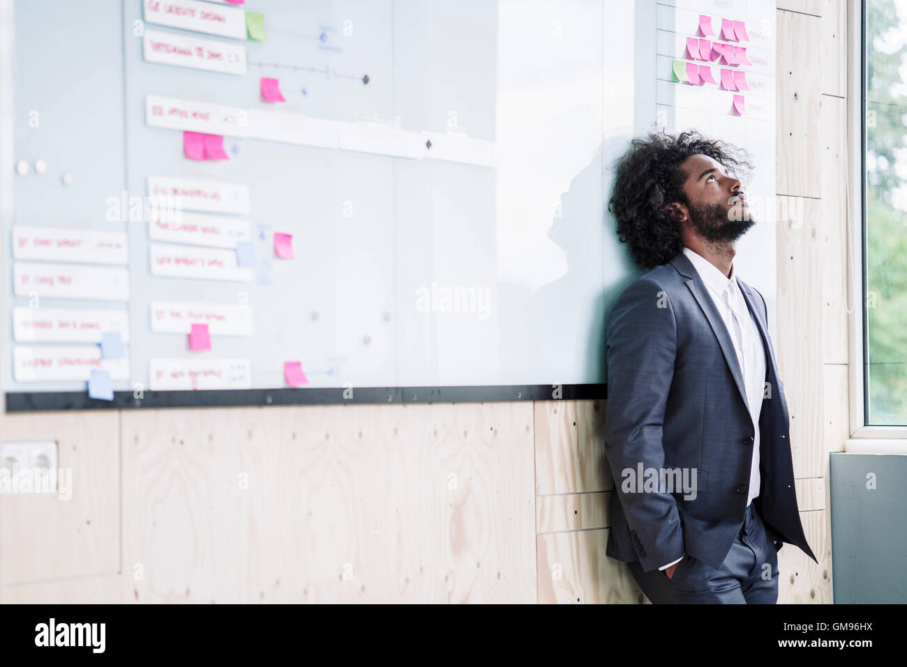 Young businessman leaning against white board, looking up Stock Photo ...