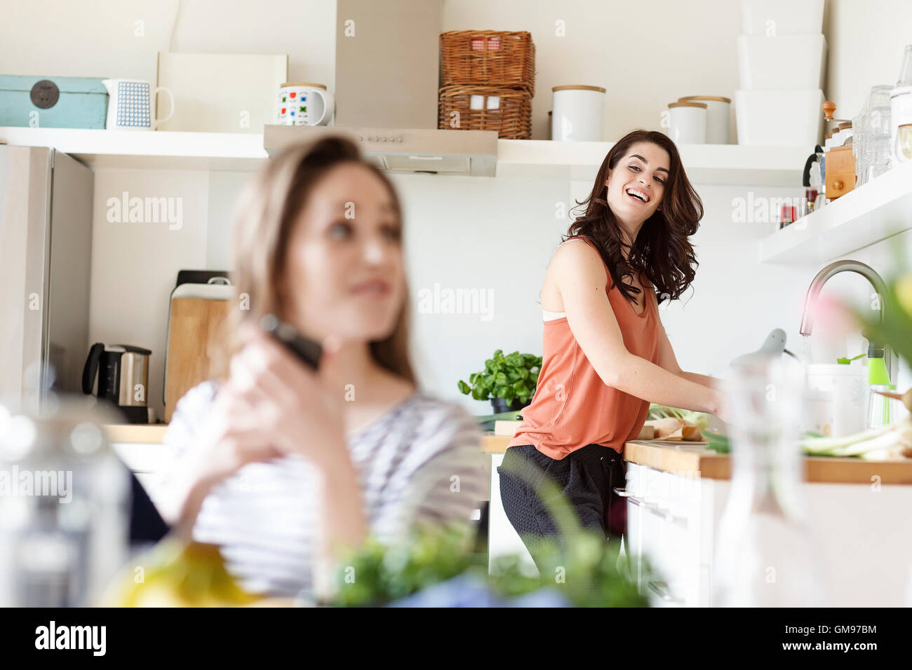 Two happy women in kitchen Stock Photo - Alamy