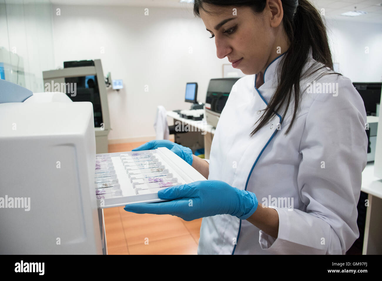 Laboratory technician in analytical laboratory putting object plates in ...