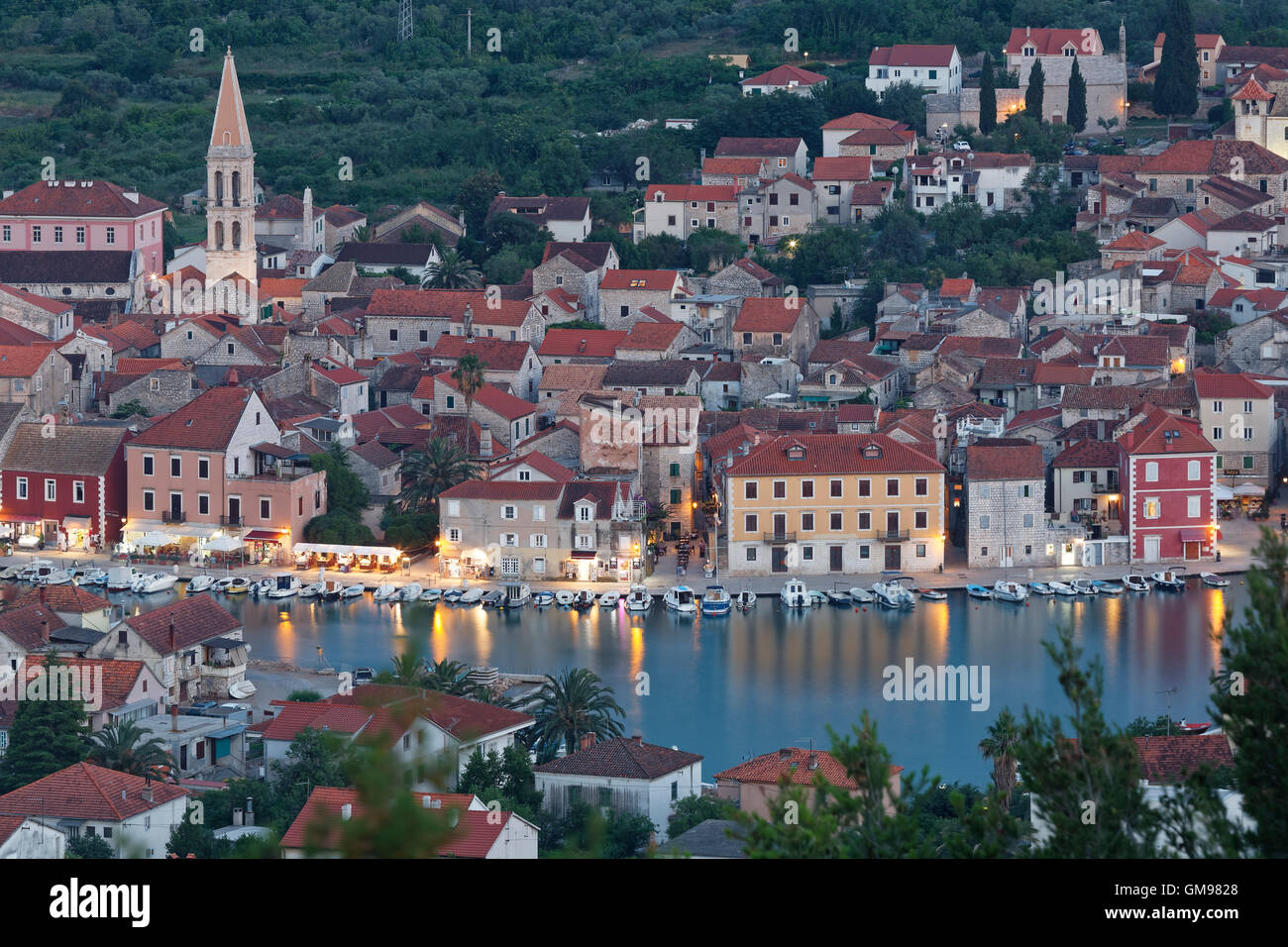 Croatia, Hvar Island, Stari Grad, View of harbour in the evening Stock ...
