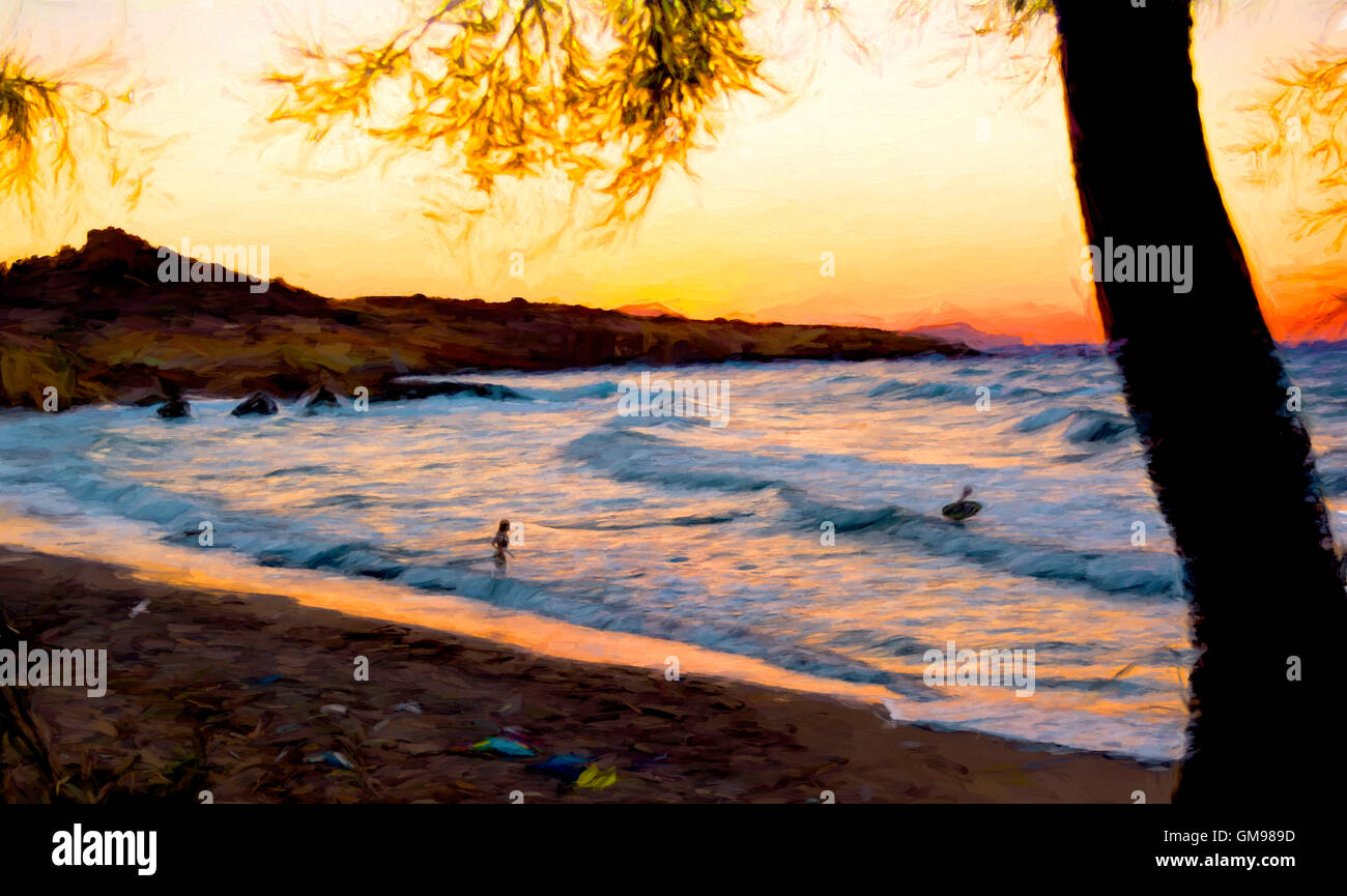 Beautiful sunset at a beach of Greek island of Milos - Painting effect ...