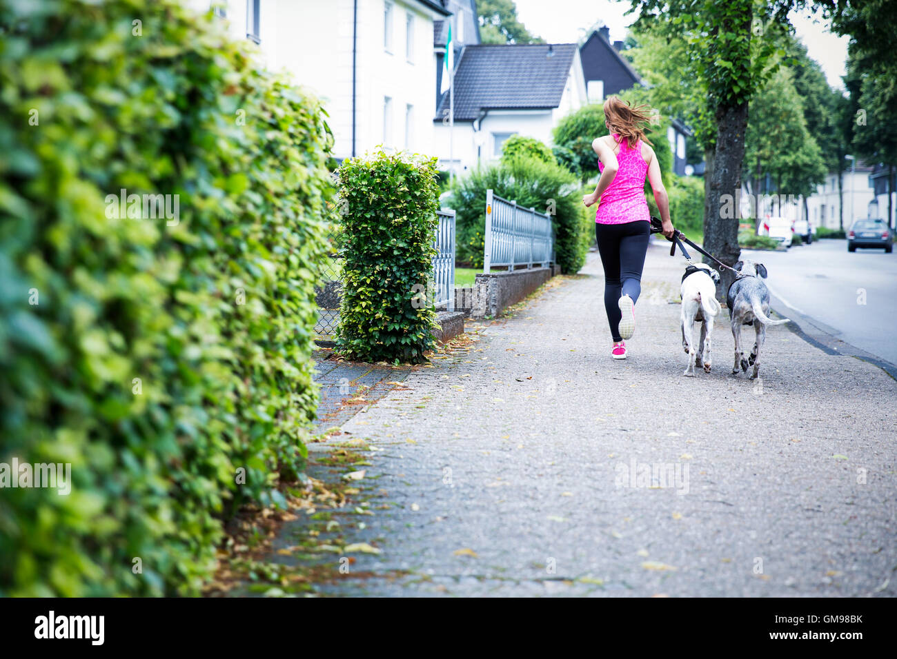 Young woman jogging with two dogs Stock Photo - Alamy