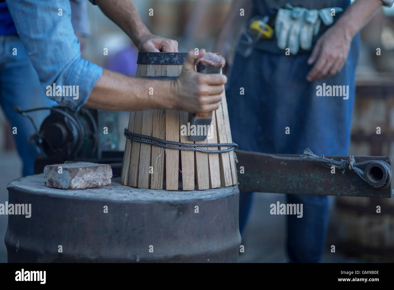 Cooperage, cooper making wine barrel Stock Photo - Alamy