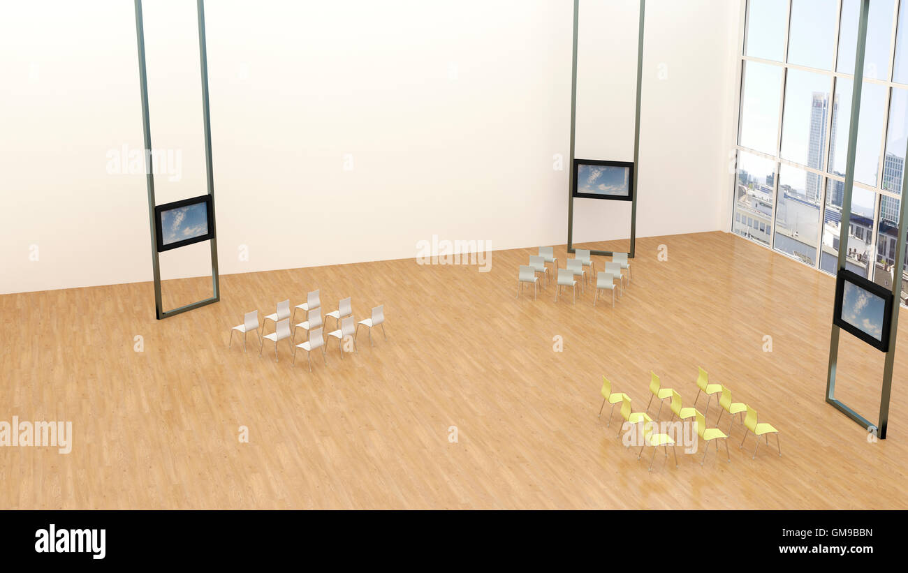 Training room with three monitors, 3D Rendering Stock Photo - Alamy