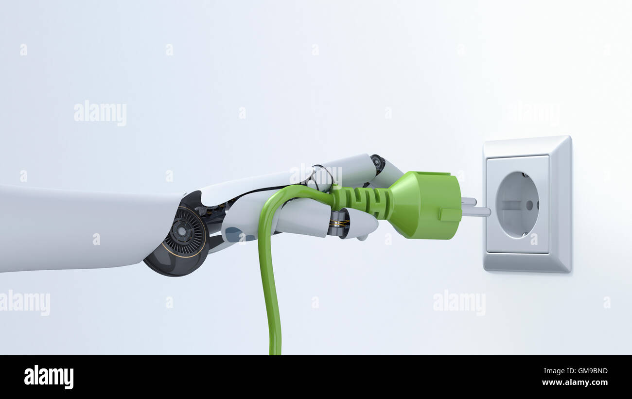 Robot hand with green plug, plug socket, 3D Rendering Stock Photo - Alamy