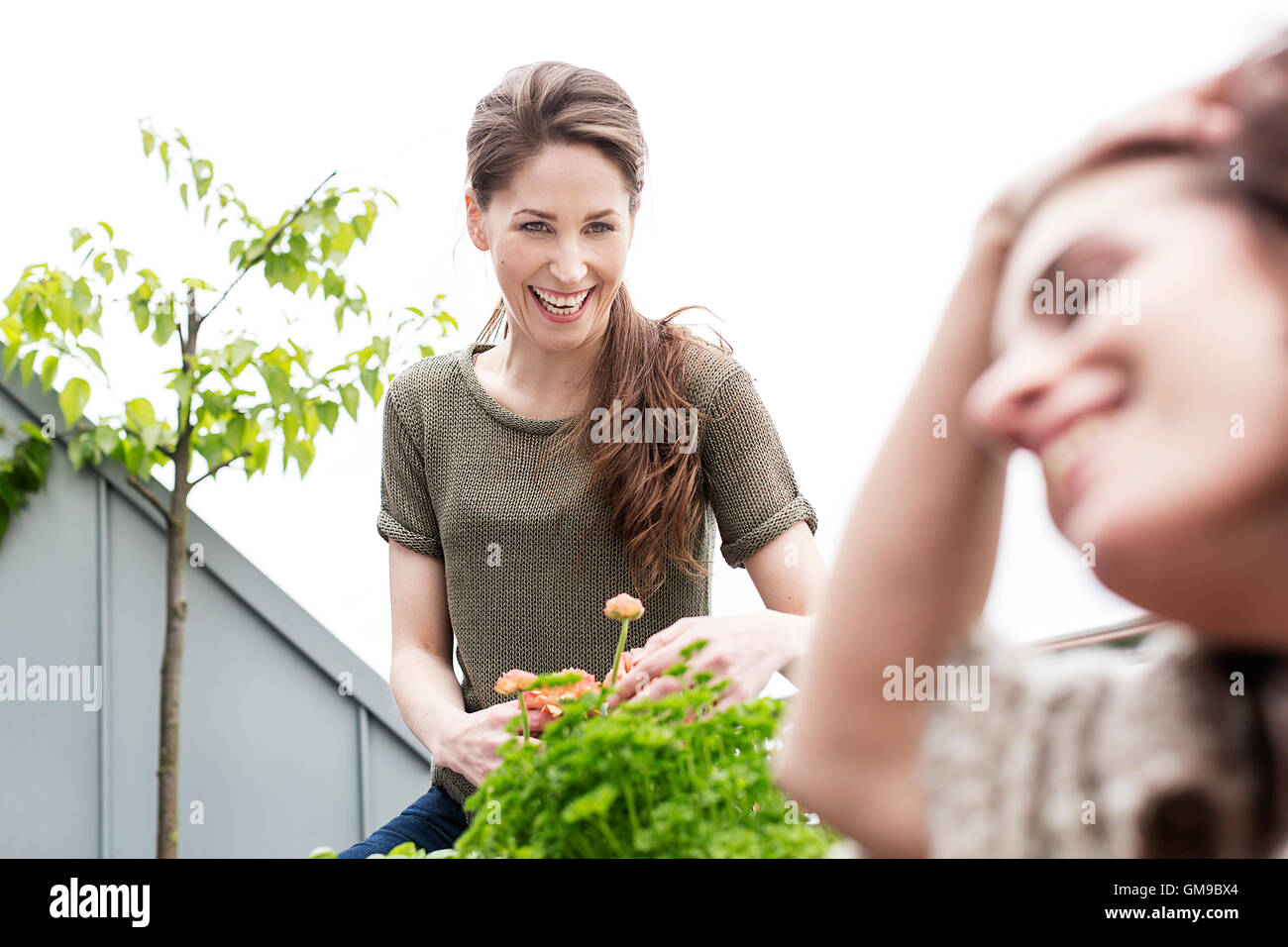 Happy young woman with friend on balcony Stock Photo - Alamy