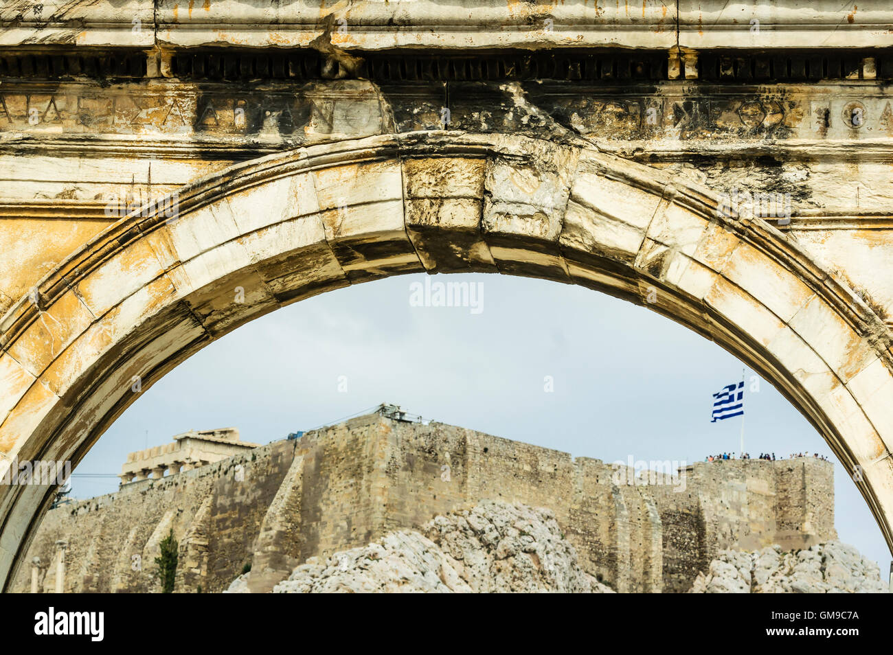 Greece, Athens, Arch of Hadrian, Acropolis in the background Stock ...
