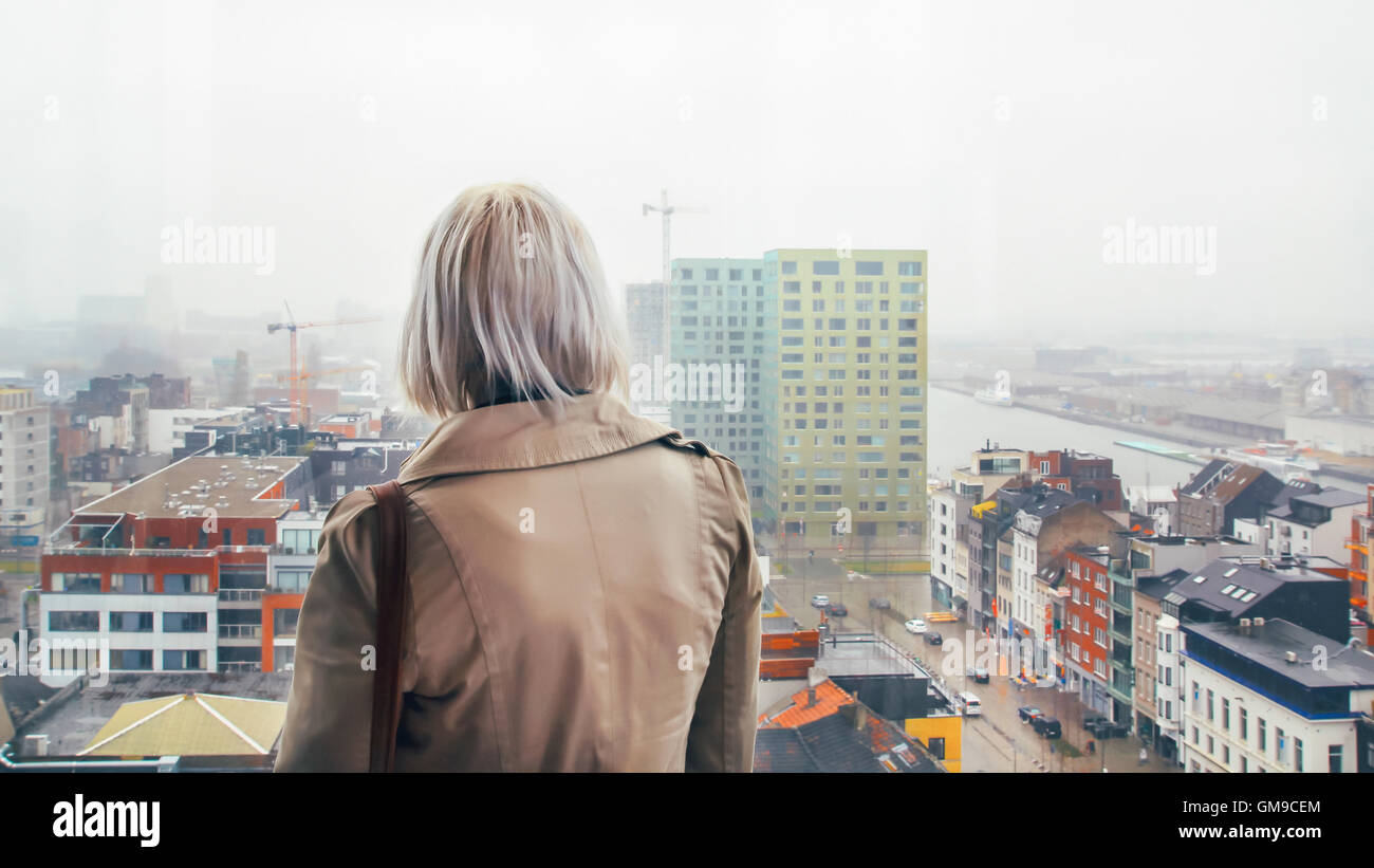 Belgium, Antwerp, back view of woman looking through window to Eilandje ...