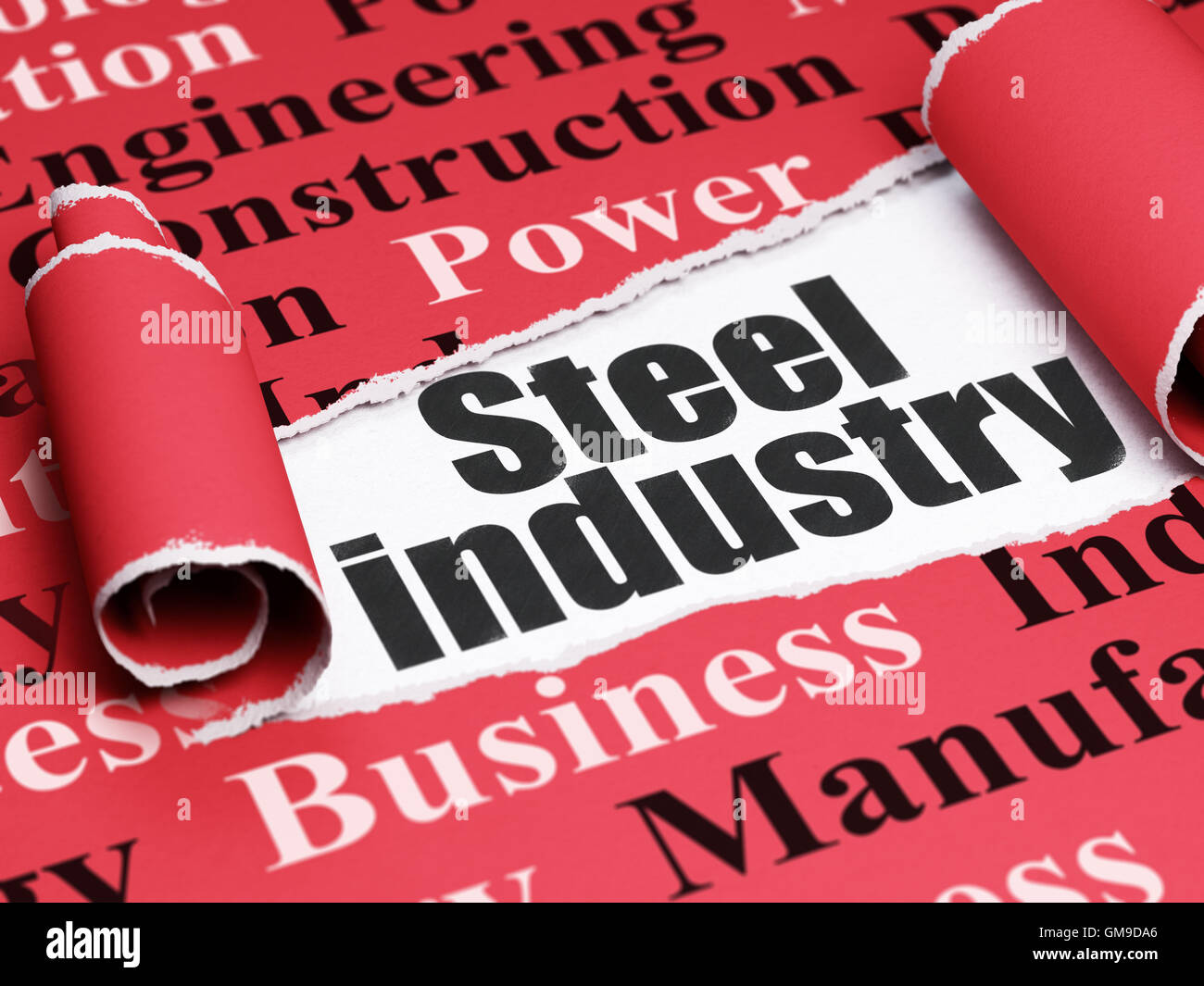 Manufacuring concept: black text Steel Industry under the piece of torn ...