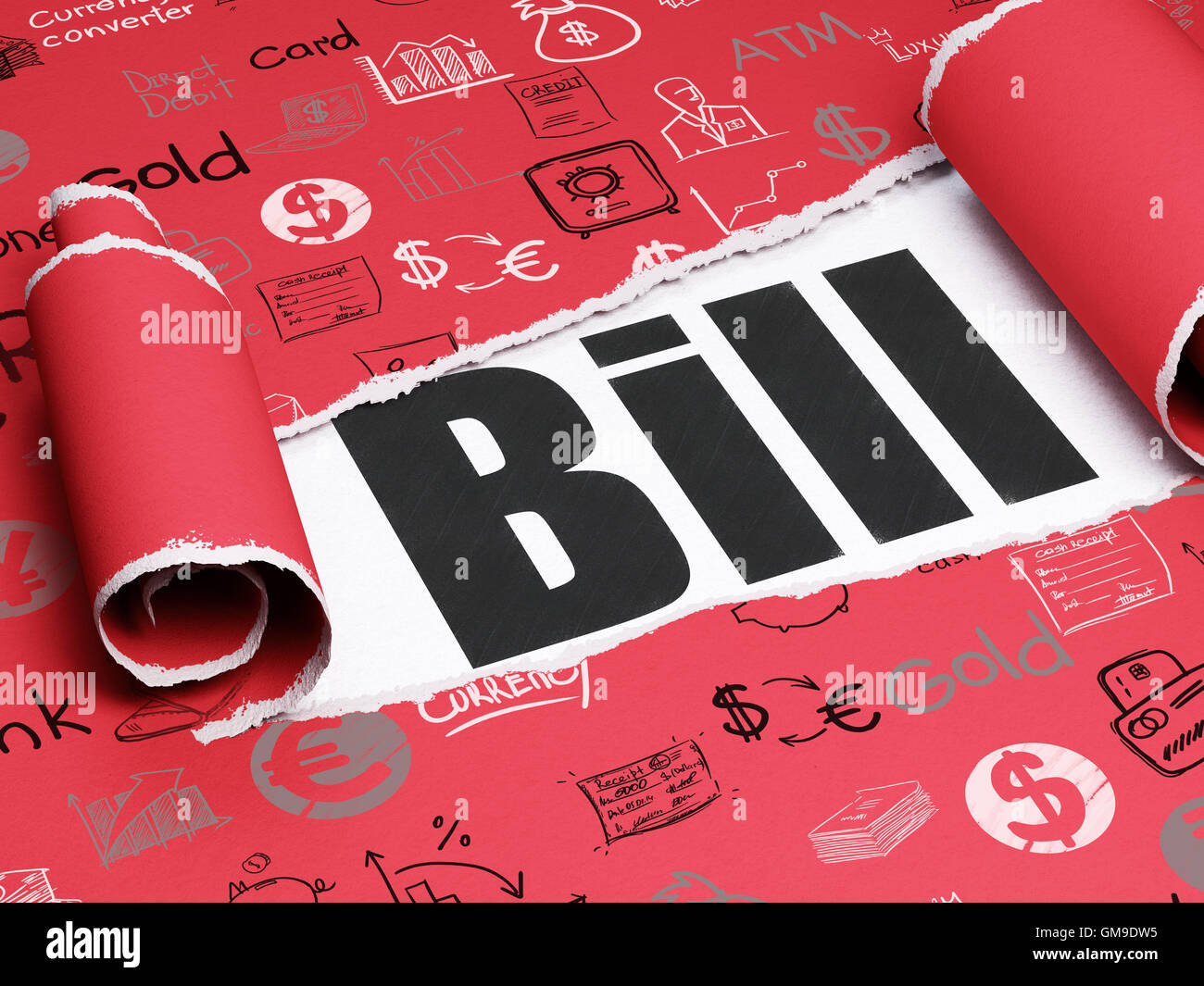 Currency concept: black text Bill under the piece of torn paper Stock ...