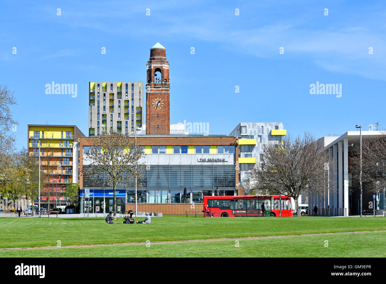 Part of Barking town centre skyline seen from nearby open space with ...