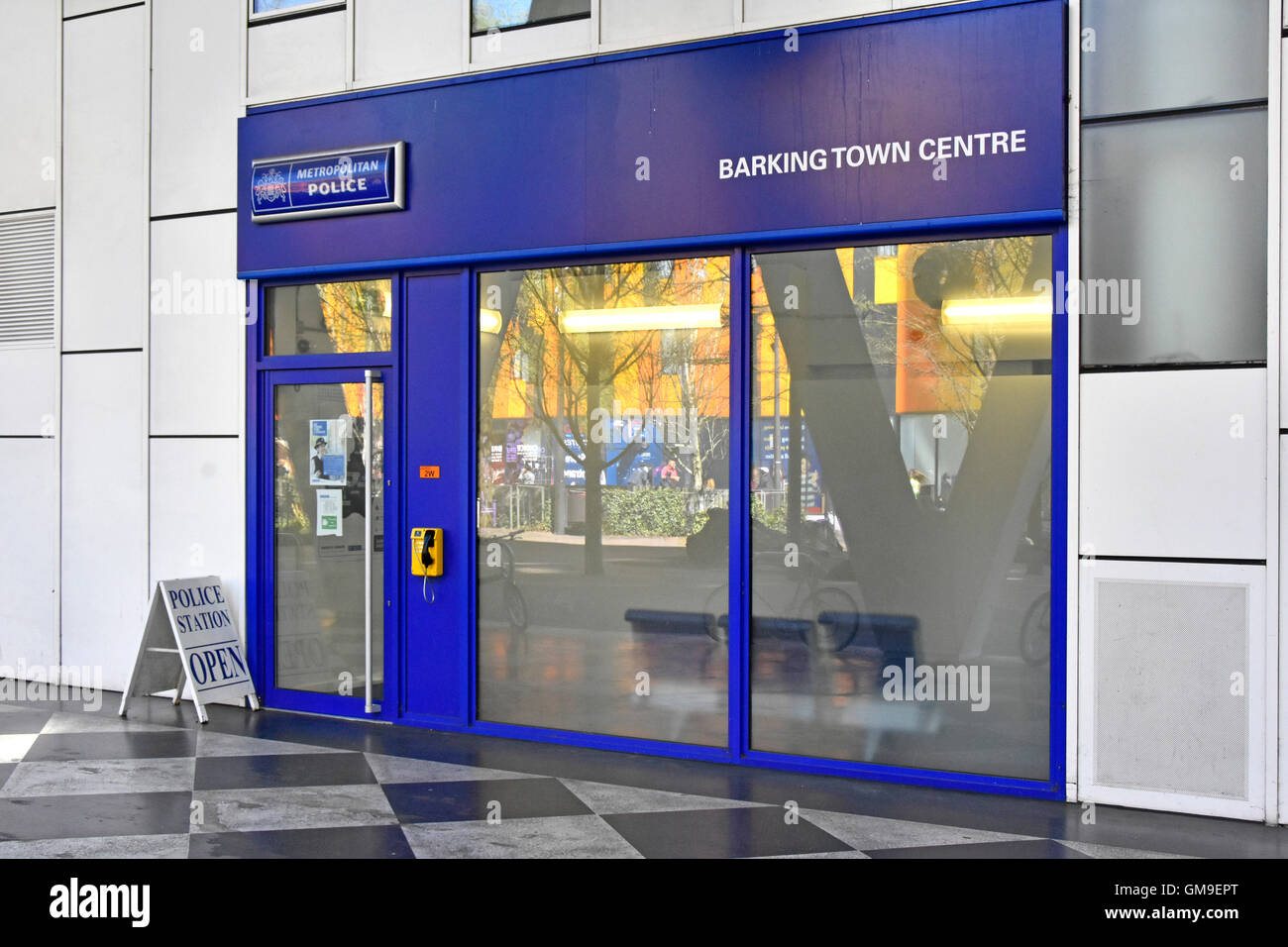 Metropolitan police station open sign in Barking Town Centre in London ...