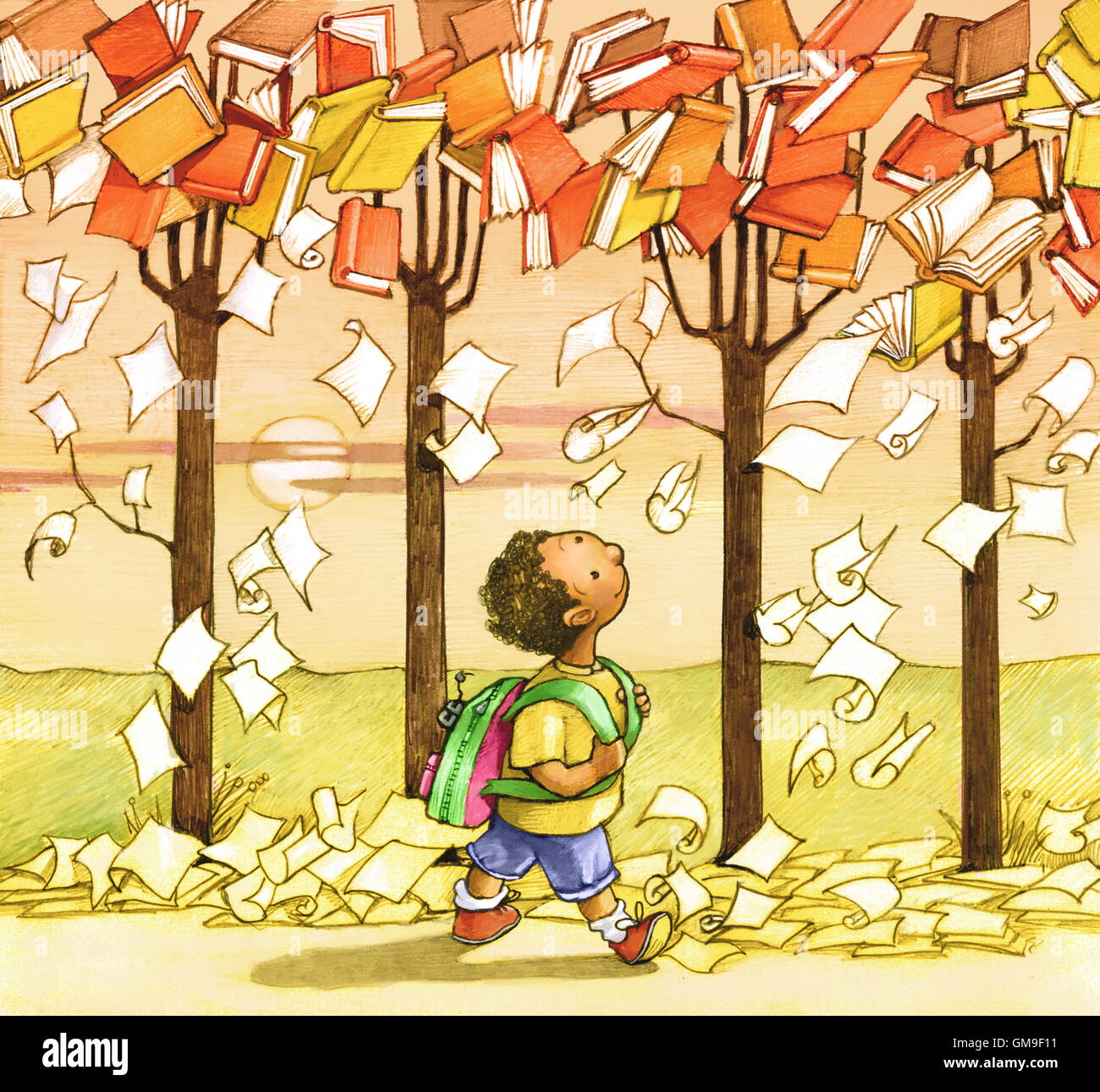 a child walking towards the school and the trees loaded with books ...