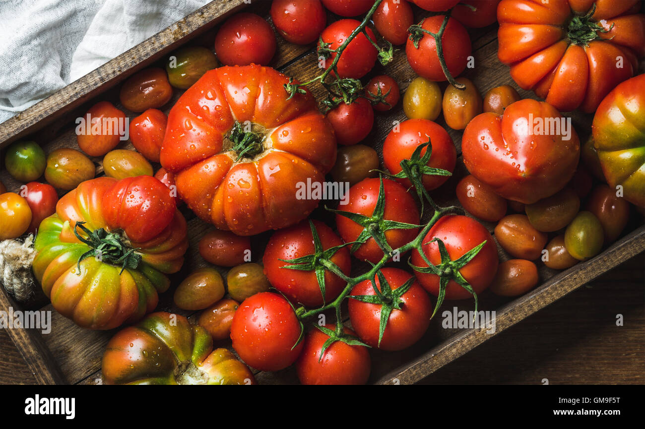 Colorful tomatoes of different sizes and kinds in dark wooden tray ...