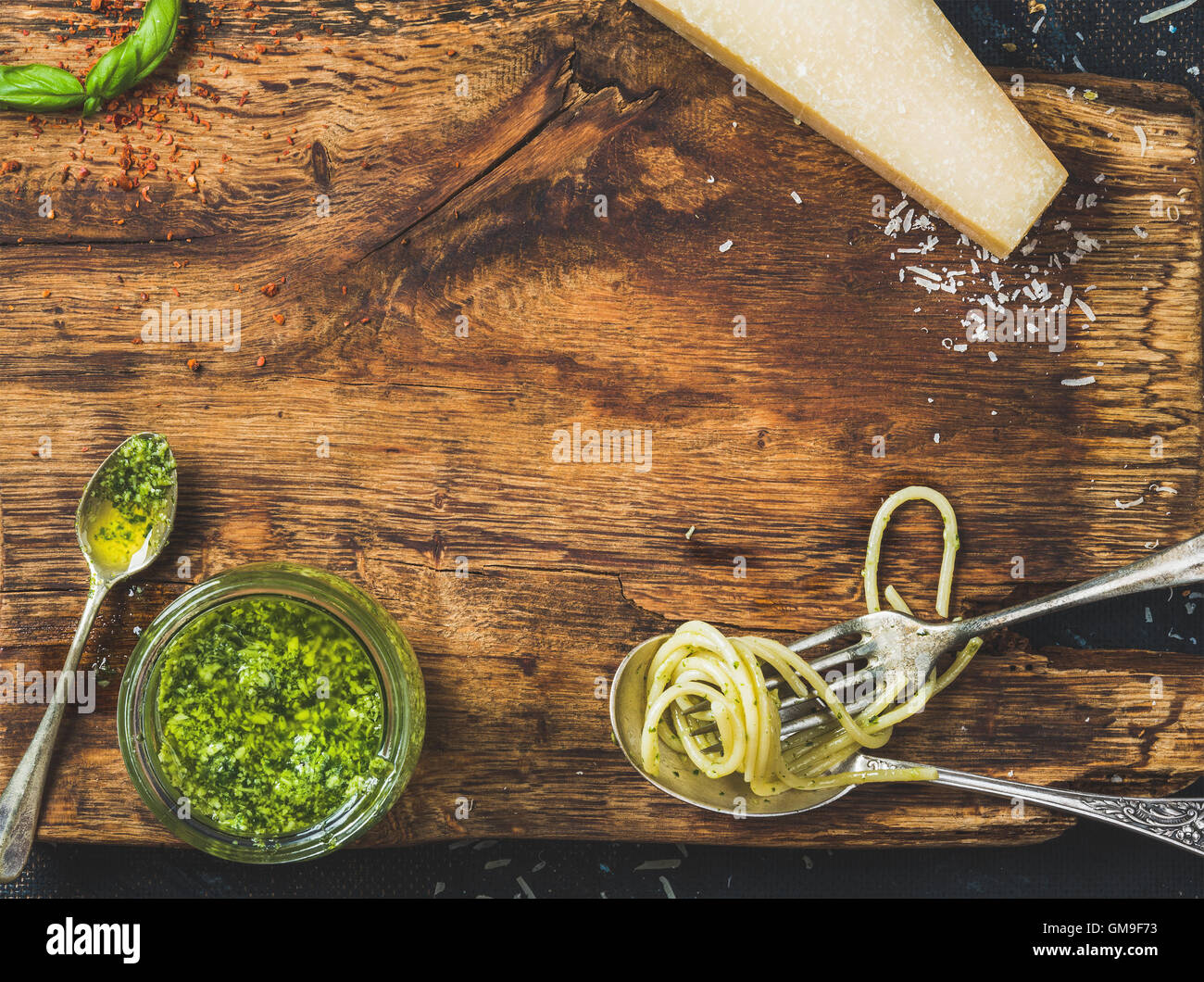 Italian cuisine cooking background on rustic wooden board texture Stock ...