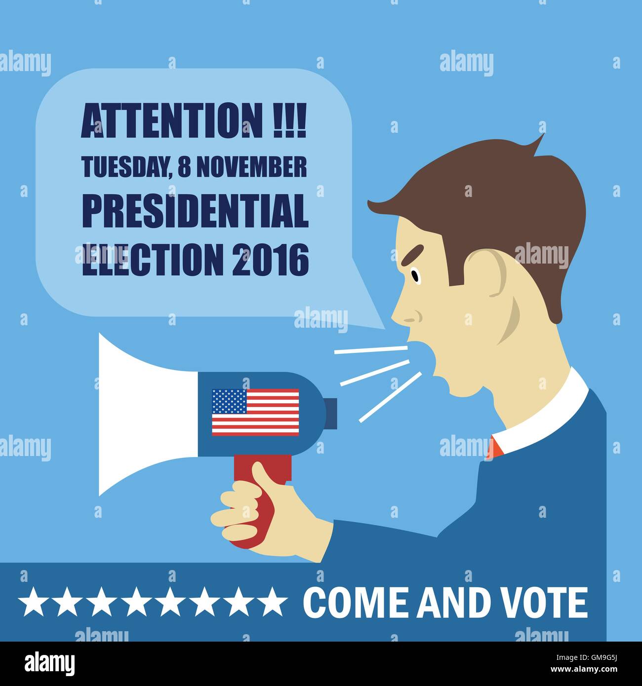 Usa 2016 election card with a character with megaphone giving details ...