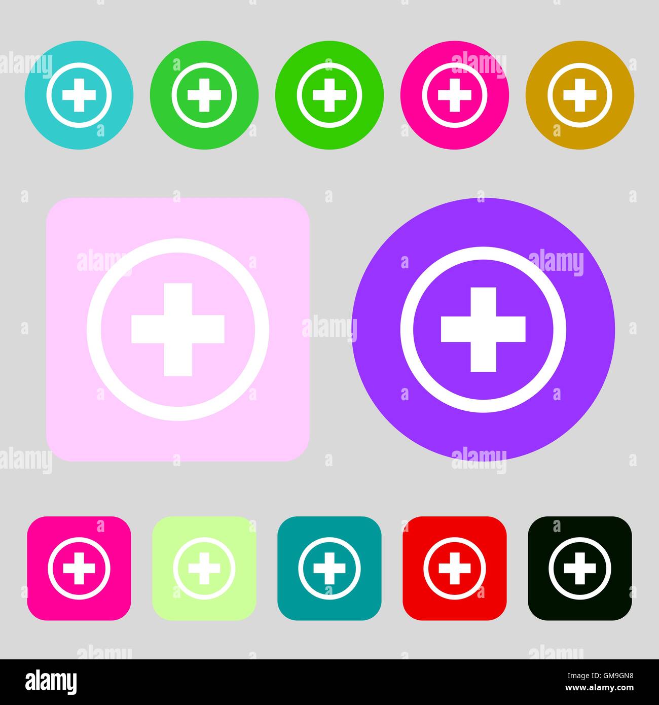 Plus, Positive, zoom icon sign. 12 colored buttons. Flat design. Vector ...