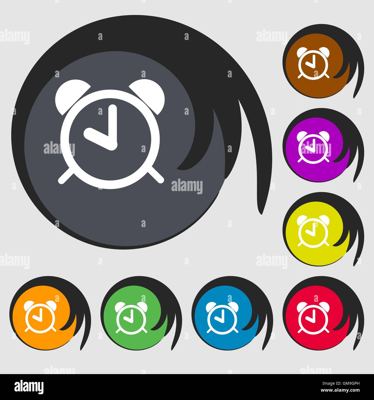 Alarm clock sign icon. Wake up alarm symbol. Symbols on eight colored ...