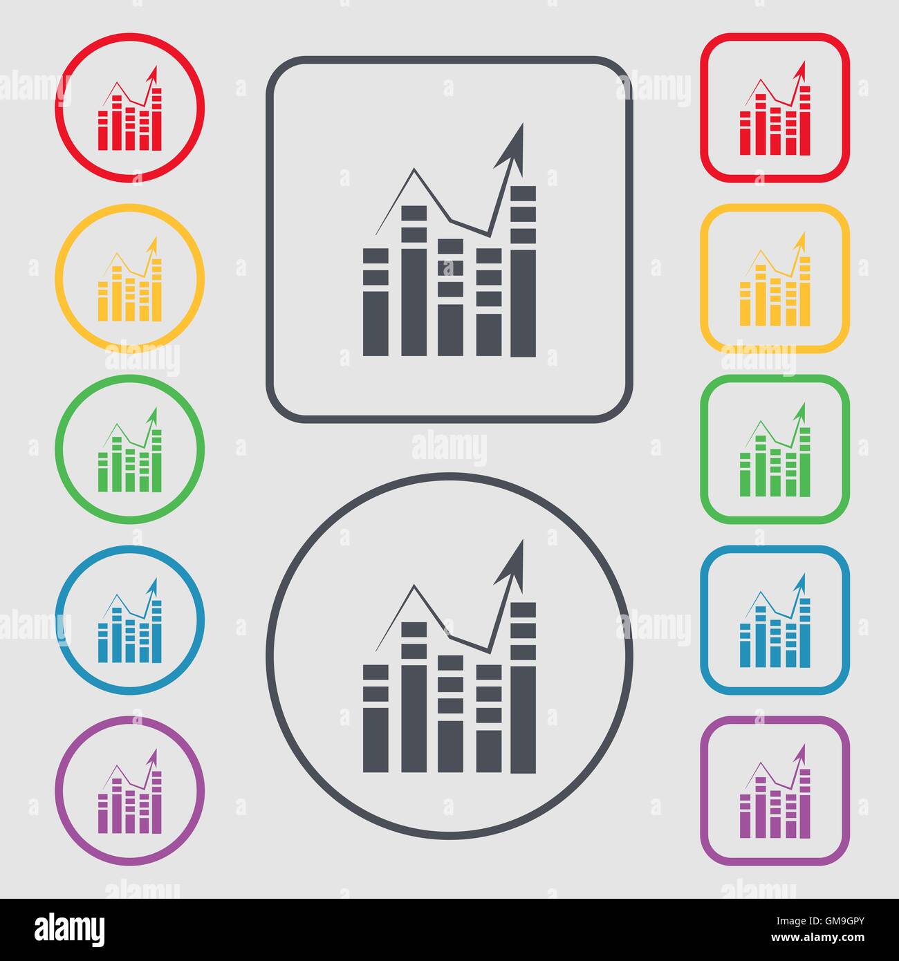 Graph icon sign. Symbols on the Round and square buttons with frame ...