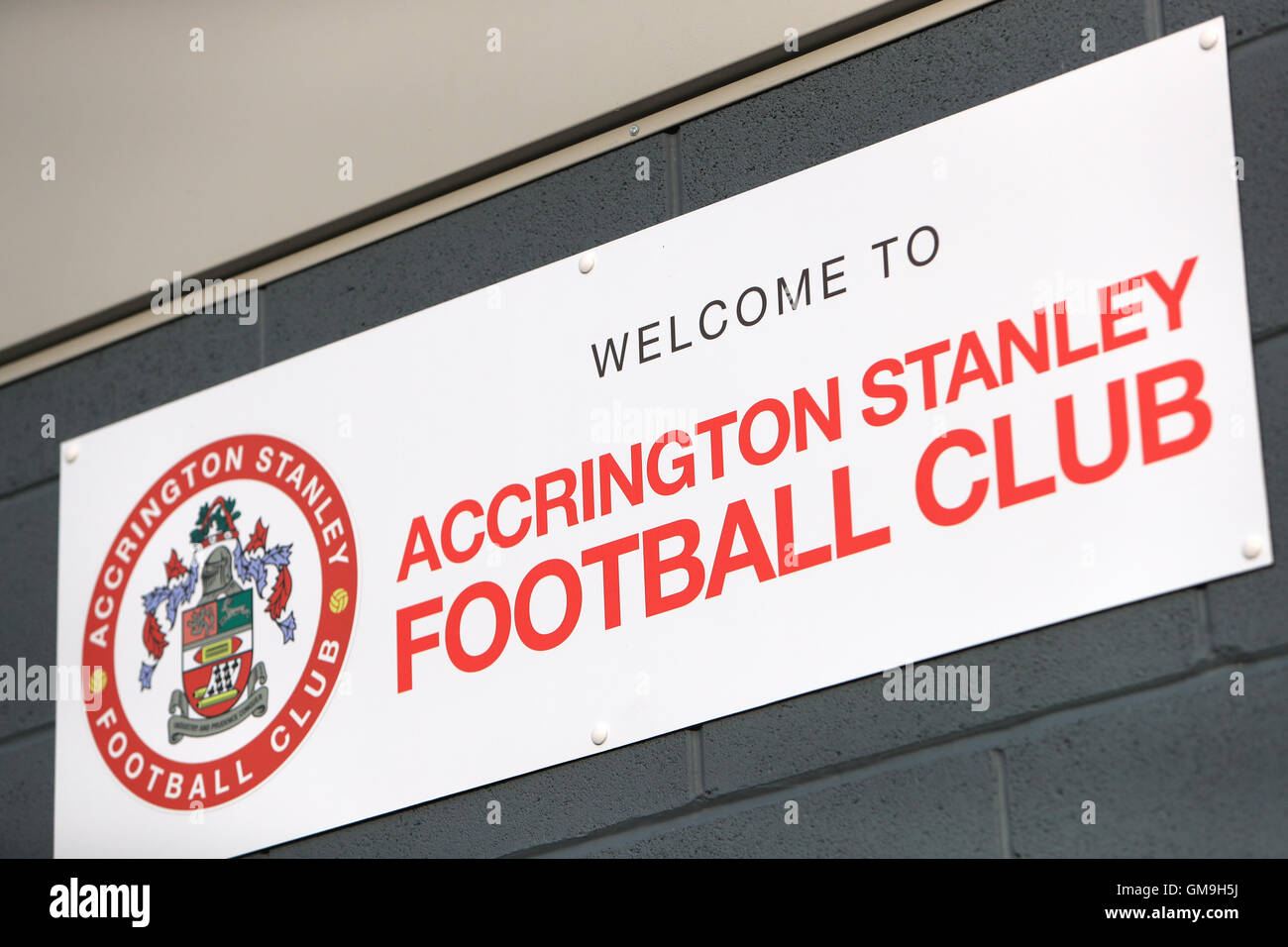 Signage welcomes you to the Wham Stadium, home of Accrington Stanley ...