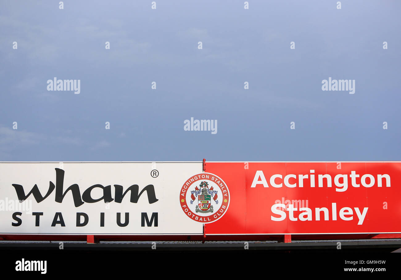 Signage at the Wham Stadium, home of Accrington Stanley during the EFL ...