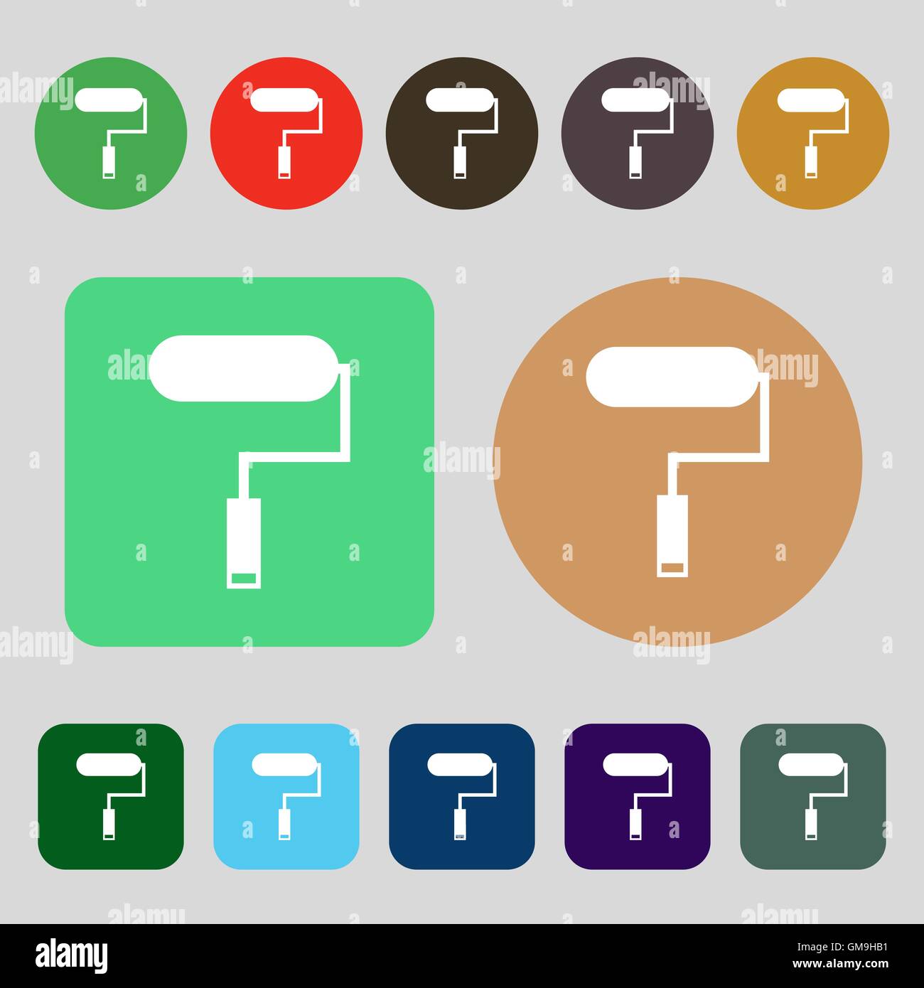 Paint roller sign icon. Painting tool symbol. 12 colored buttons. Flat ...