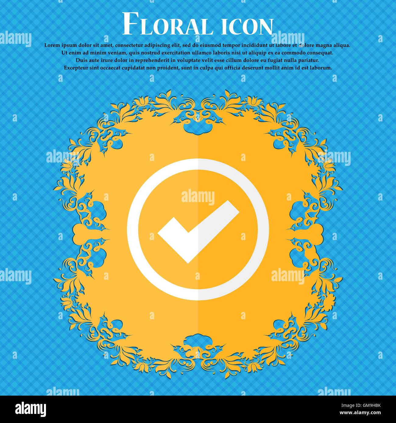Check mark sign icon . Confirm approved symbol. Floral flat design on a ...
