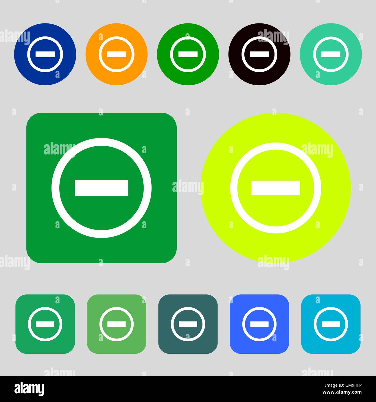Minus sign icon. Negative symbol. Zoom out. 12 colored buttons. Flat ...