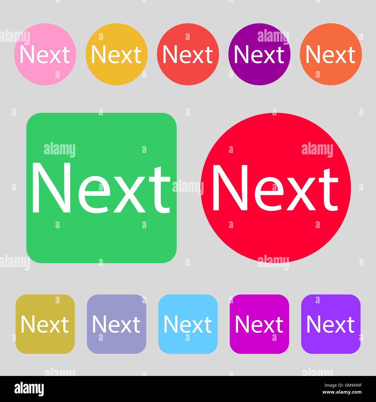 Next sign icon. Navigation symbol. 12 colored buttons. Flat design ...