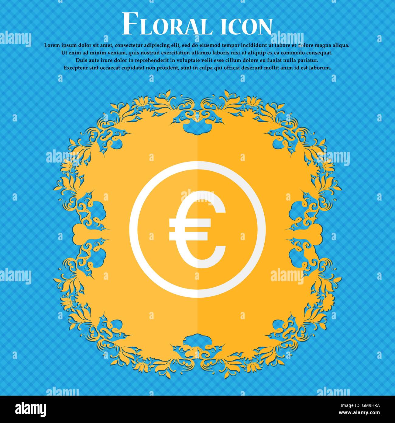 Euro icon sign. Floral flat design on a blue abstract background with ...