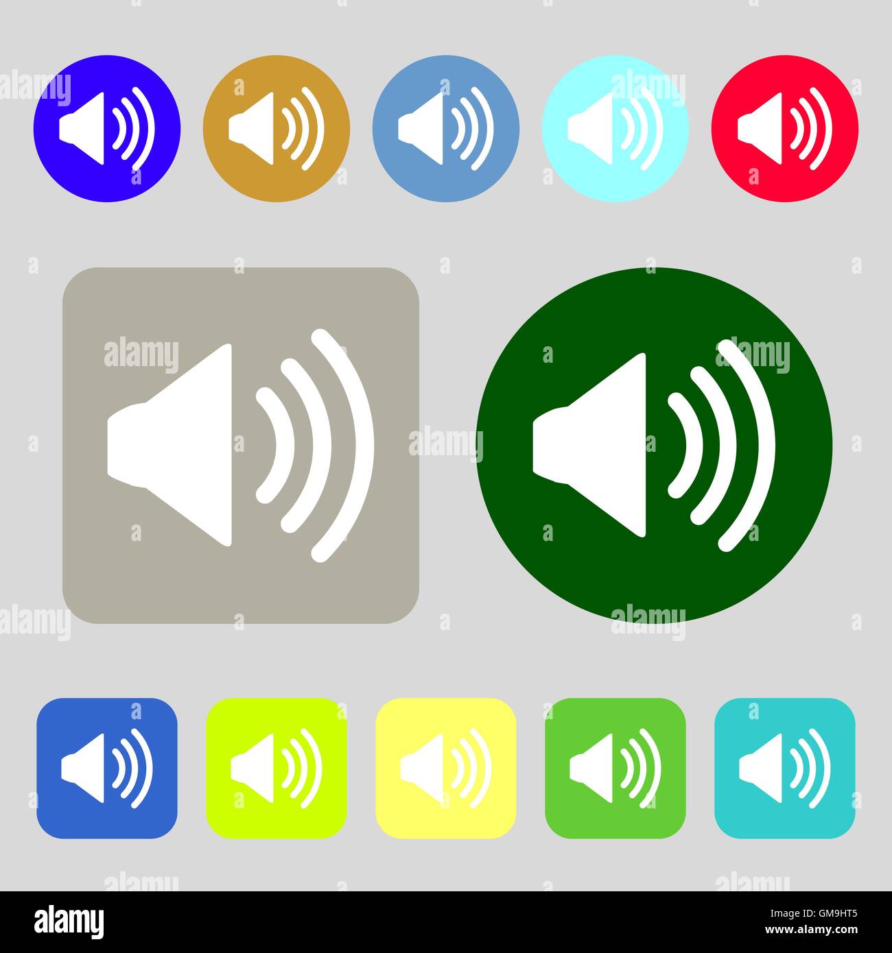 Speaker volume sign icon. Sound symbol. 12 colored buttons. Flat design ...