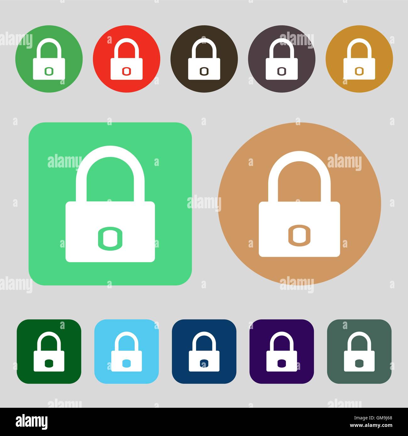 Lock sign icon. Locker symbol. 12 colored buttons. Flat design. Vector ...