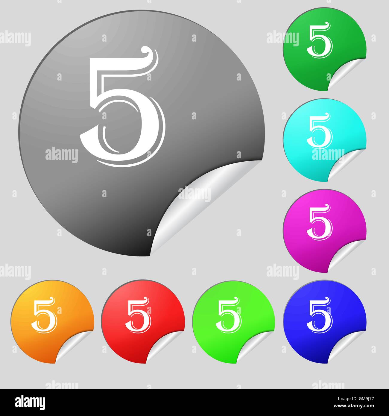 number five icon sign. Set of eight multi colored round buttons ...