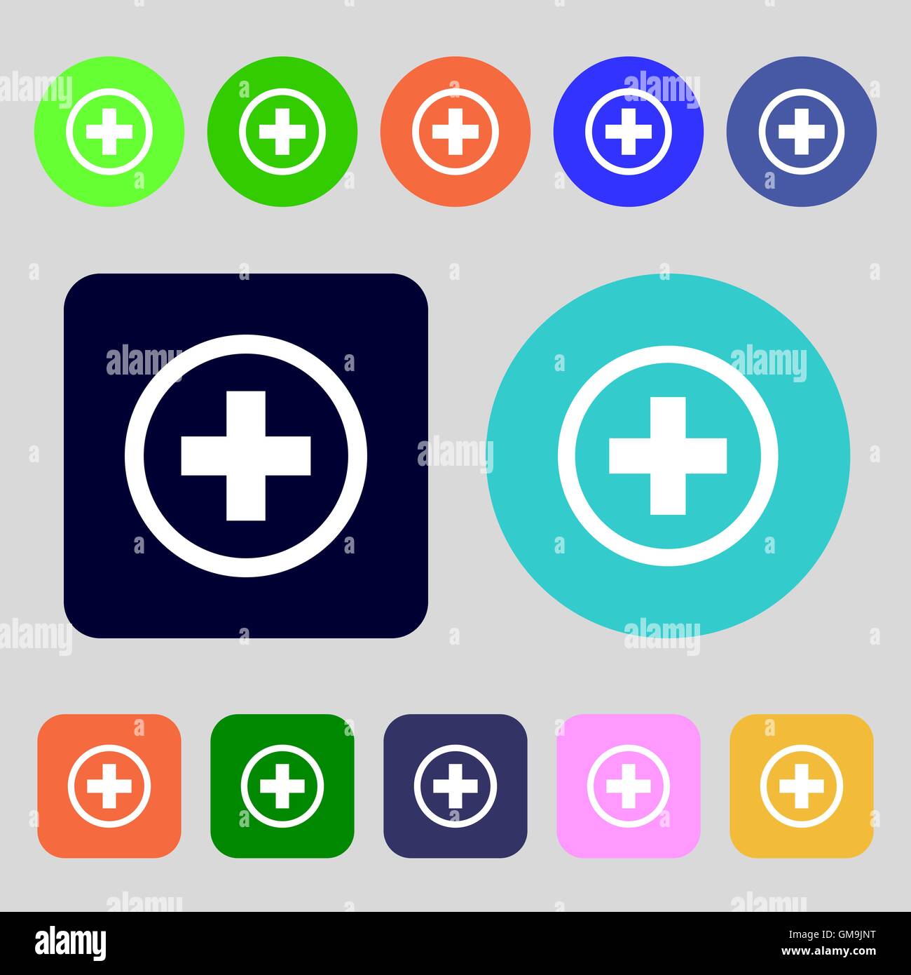 Plus sign icon. Positive symbol. Zoom in. 12 colored buttons. Flat ...