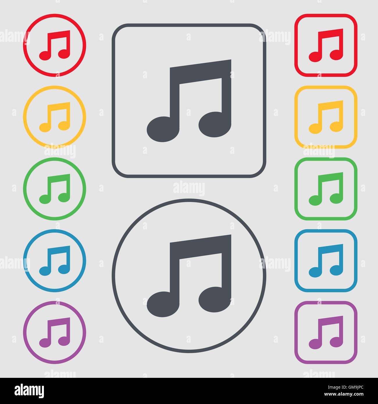 Music note sign icon. Musical symbol. Symbols on the Round and square ...