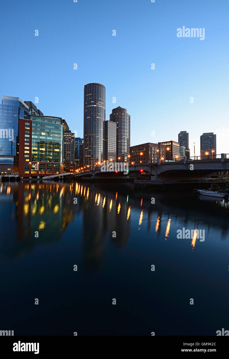 Massachusetts, Boston, Skyscrapers reflecting in Fort Point Channel at ...