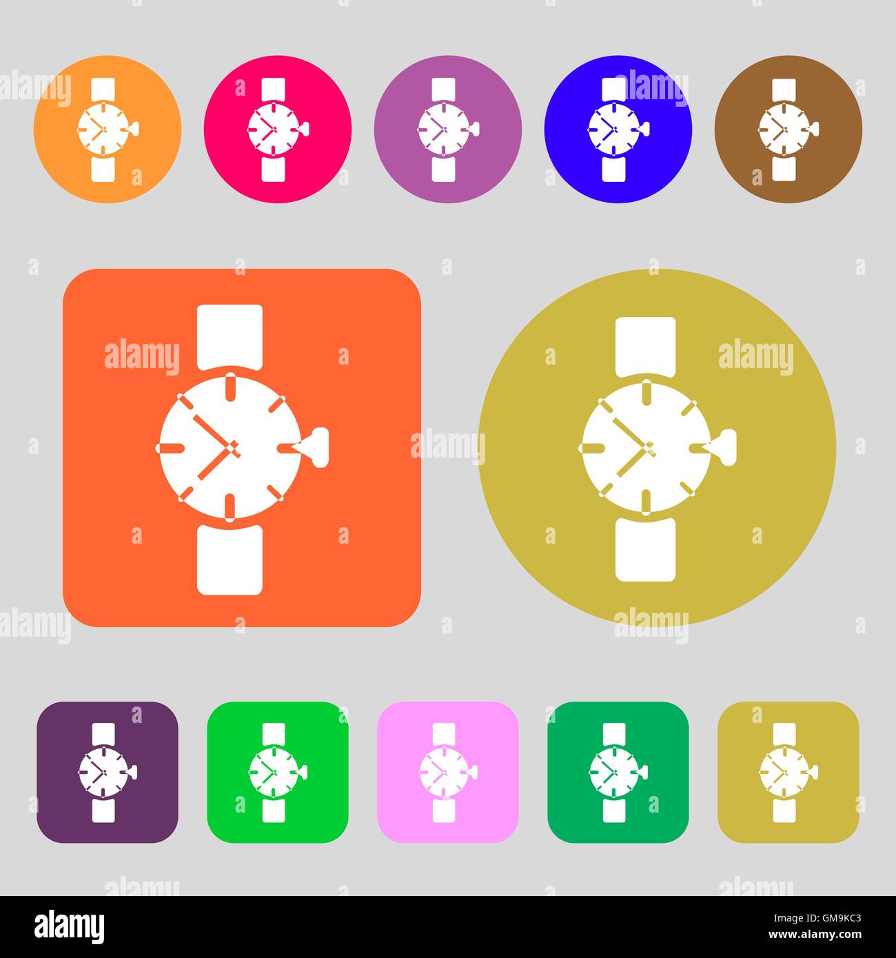 watches icon symbol . 12 colored buttons. Flat design. Vector Stock ...