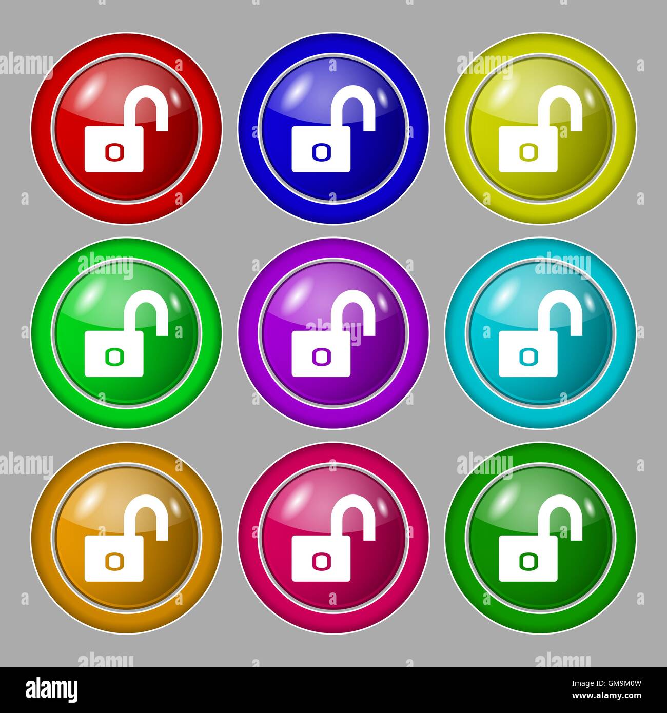 Lock sign icon. Locker symbol. Symbol on nine round colourful buttons ...