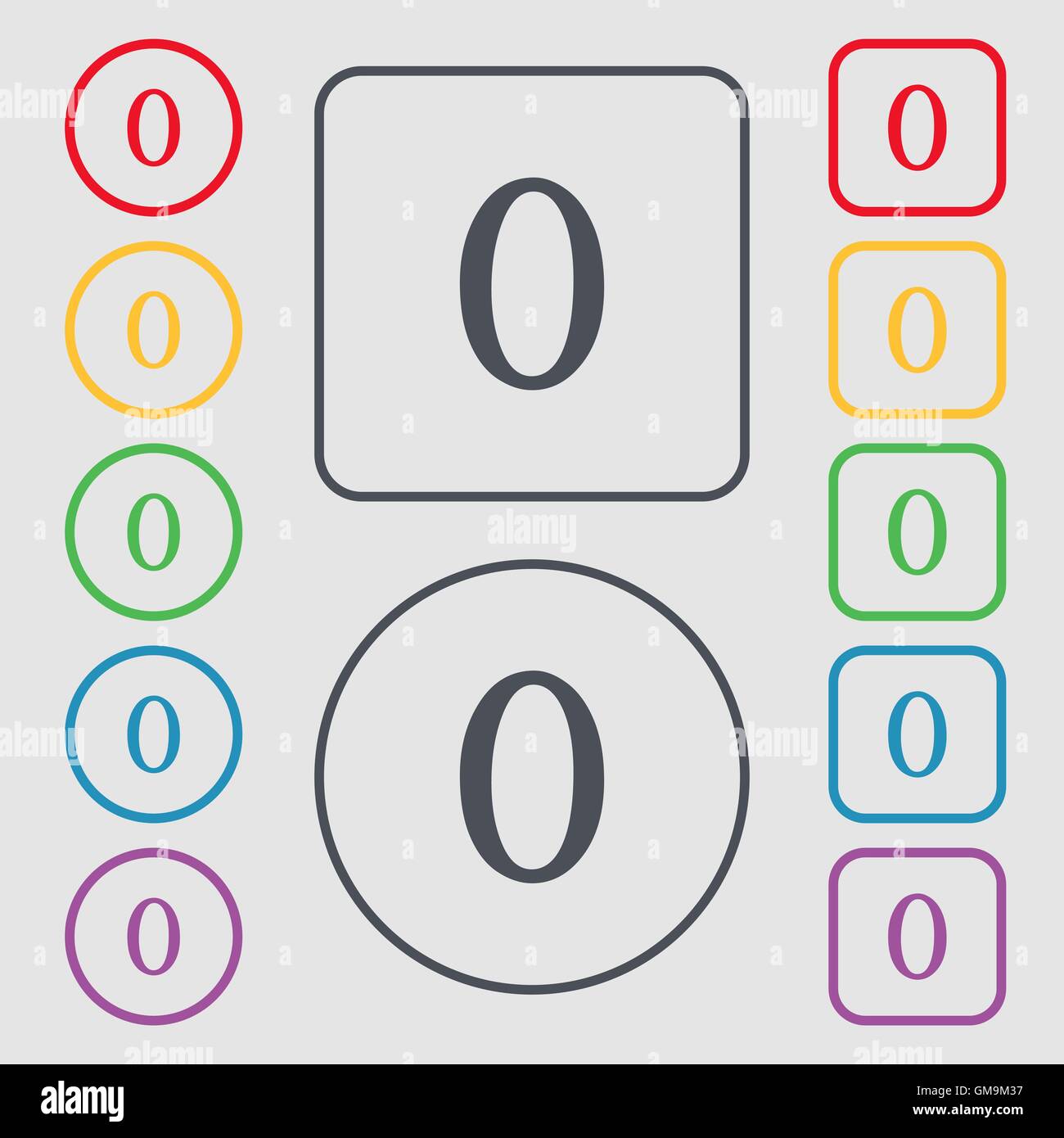 number zero icon sign. Symbols on the Round and square buttons with ...