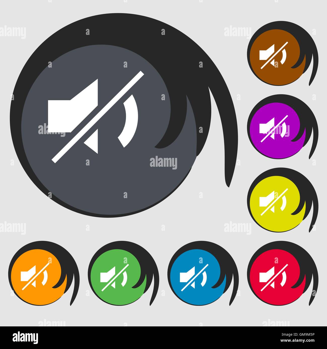 Mute speaker sign icon. Sound symbol. Symbols on eight colored buttons ...