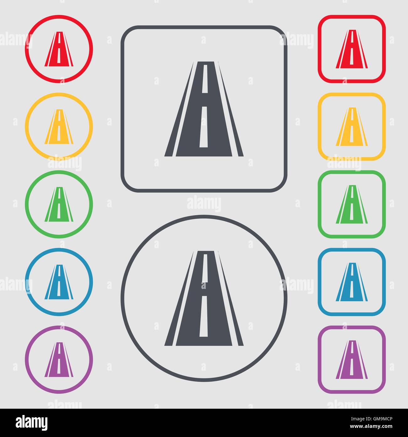 Road icon sign. Symbols on the Round and square buttons with frame ...