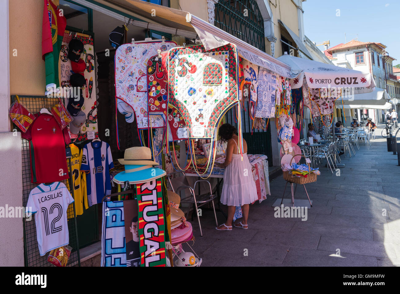 Colourful linen display at a shop in Gaia Quay, Portugal Stock Photo ...