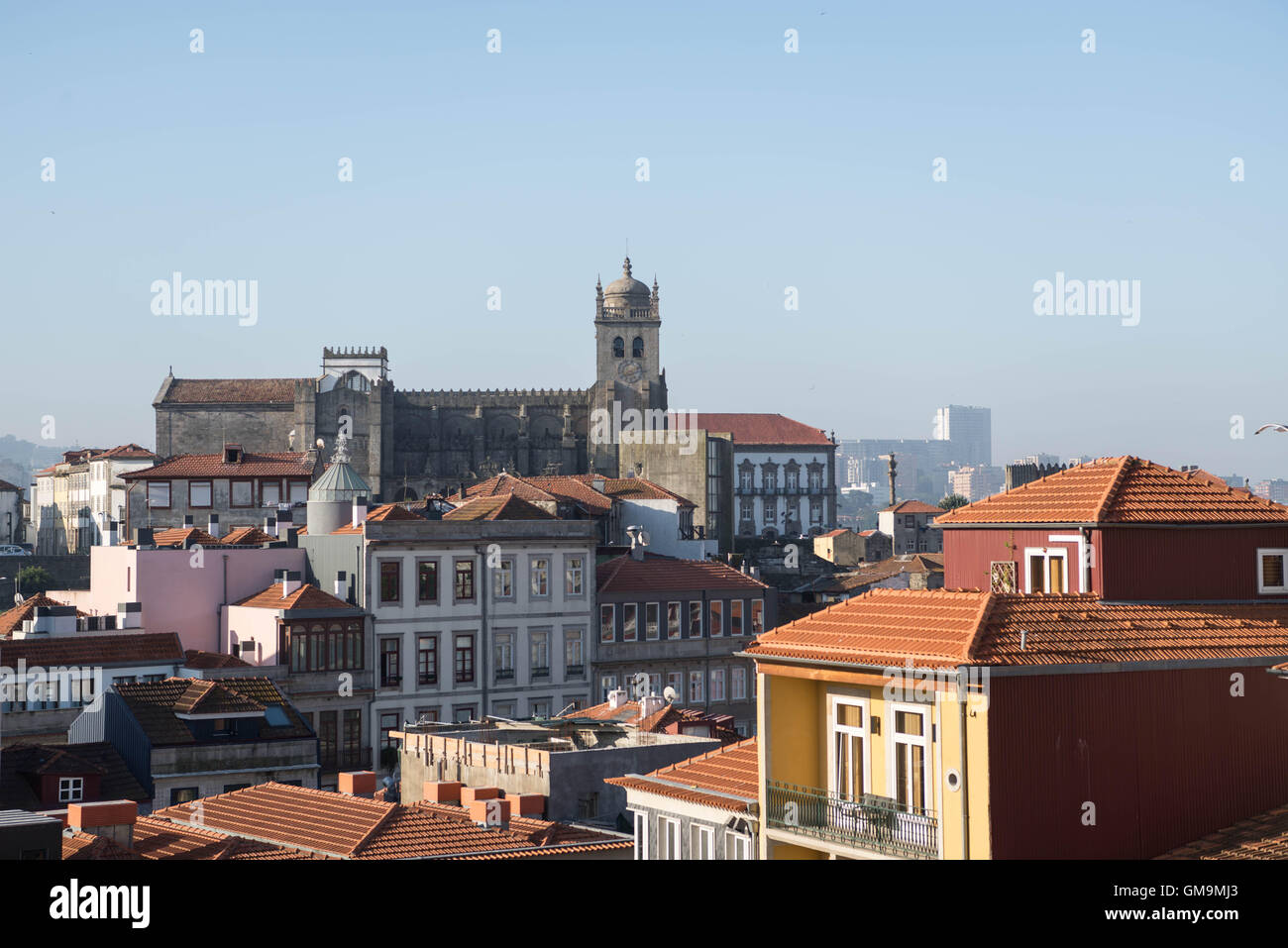 Se Cathedral viewed over rooftops and foreground buildings in Porto ...