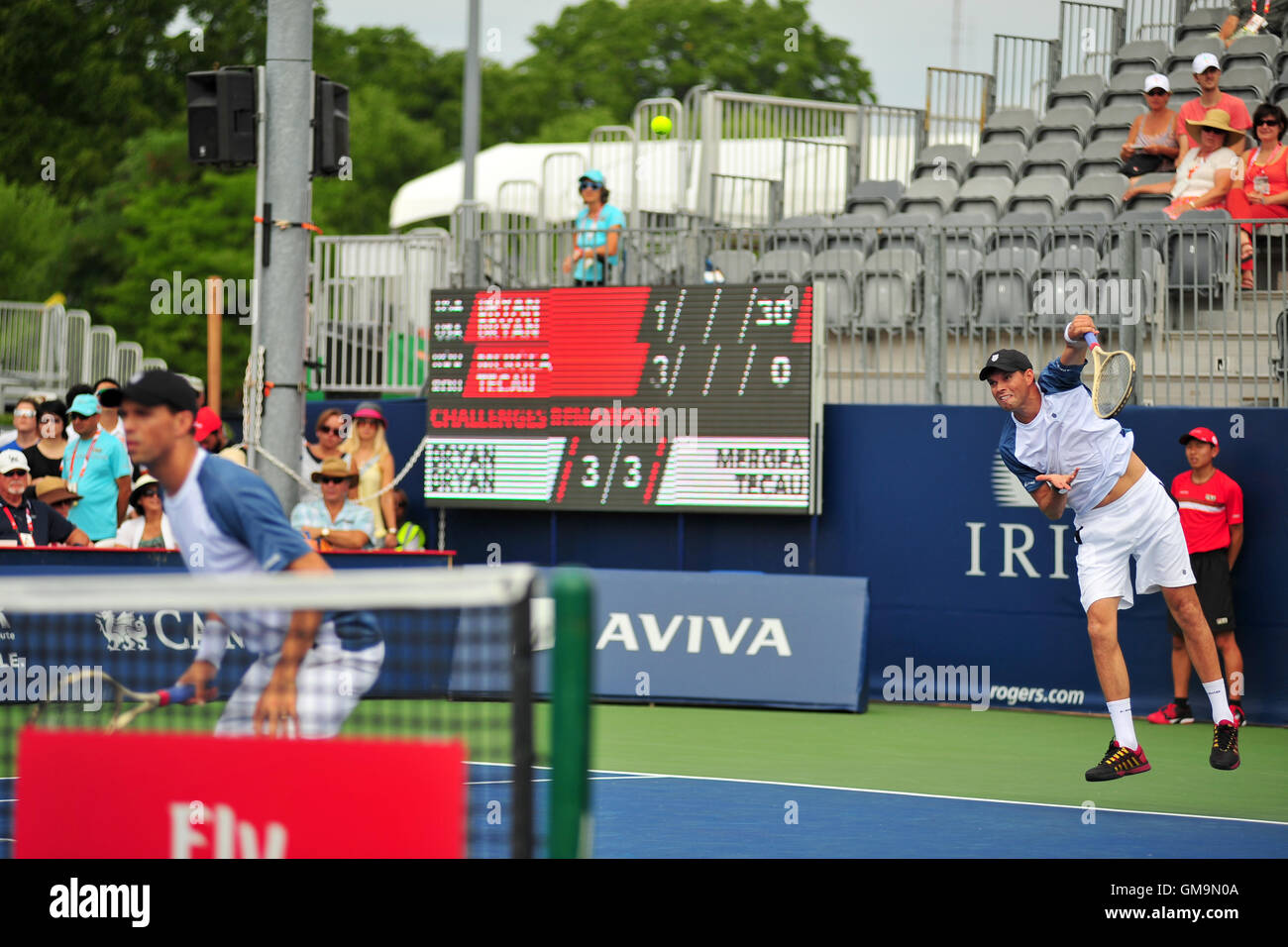 The Bryan brothers playing a doubles match at the 2016 Rogers cup ...