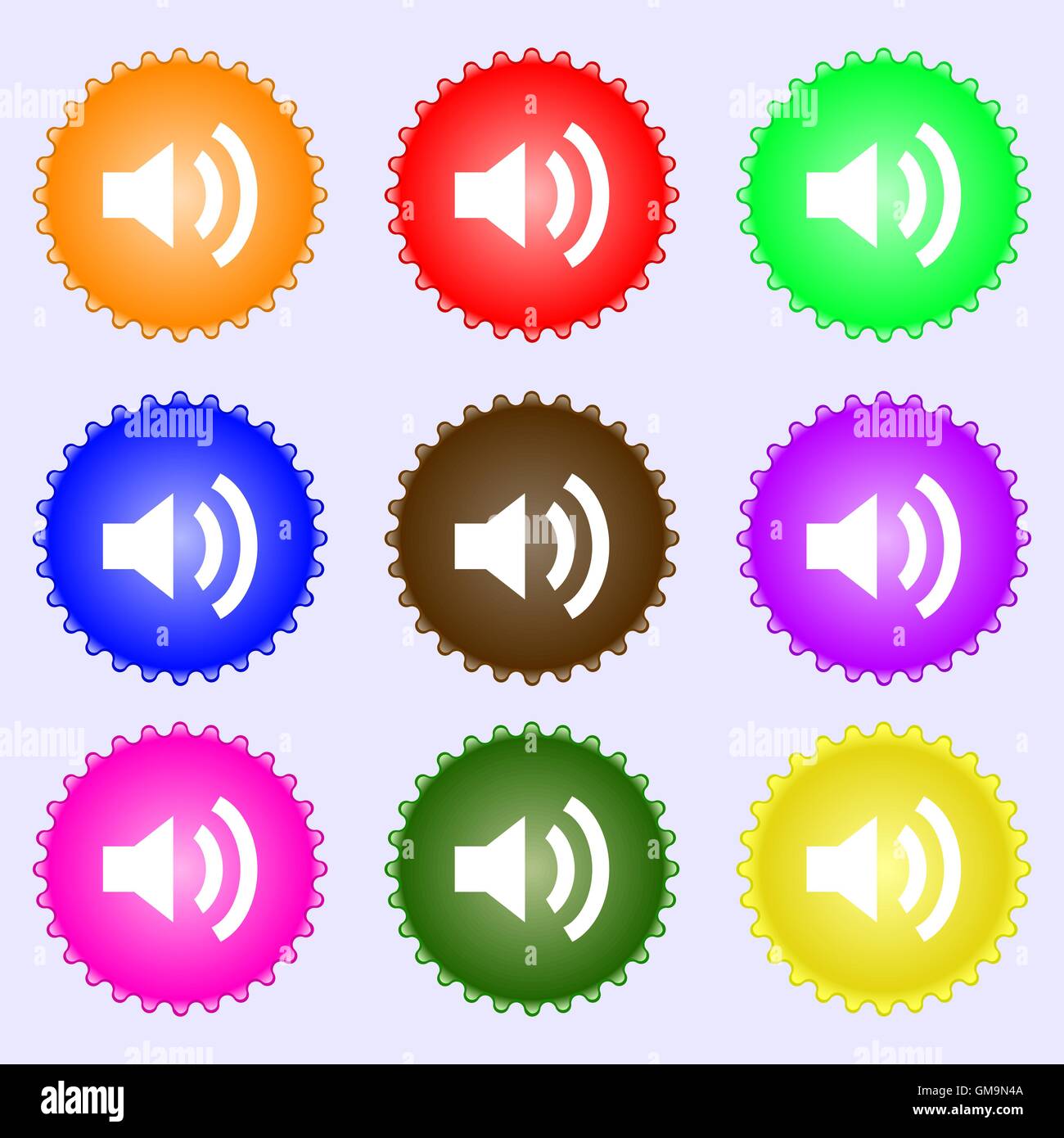 Speaker volume sign icon. Sound symbol. A set of nine different colored ...