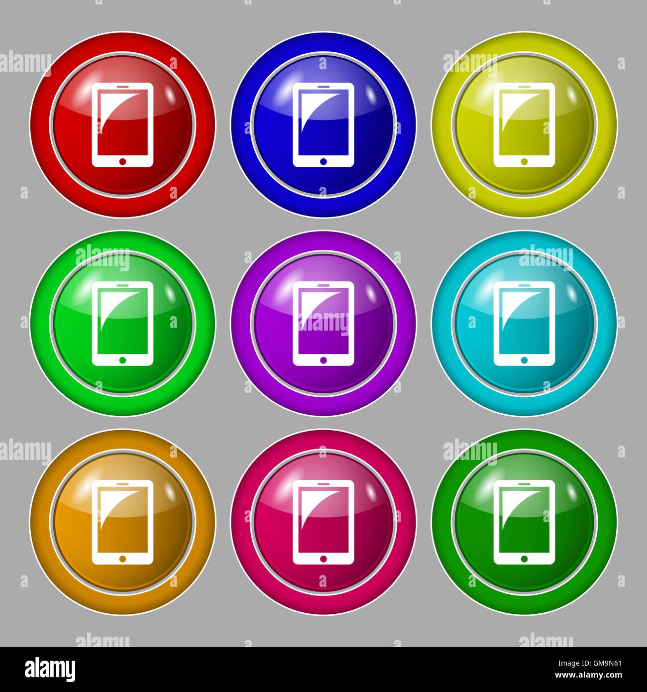 Tablet sign icon. smartphone button. Symbol on nine round colourful ... Tablet sign icon. smartphone button. Symbol on nine round colourful ...